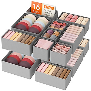 Lifewit Drawer Organizer Clothes for Closet 16 Pack, 3 Sizes Underwear Wardrobe Drawer Dividers, Fabric Foldable Dresser Storage Organizer Bins for Sock, Bra, Lingerie, Undies, Grey