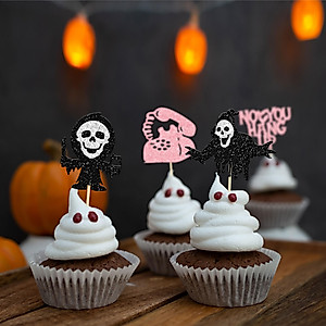 Gyufise 24Pcs Horror Movie Cupcake Toppers Glitter Telephone No You Hang Up Killer Birthday Cupcake Picks for Horror Movie Theme Birthday Halloween Party Cake Decorations Supplies