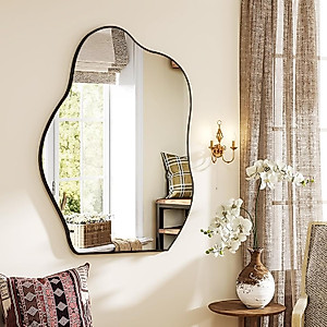 BEAUTYPEAK Asymmetrical Mirror, 24 x 32 Inches Irregular Wall Mirror, Wood Frame Unique Shape Wall Mounted Vanity Mirror, Decorative for Living Room Bedroom Entryway Hallway