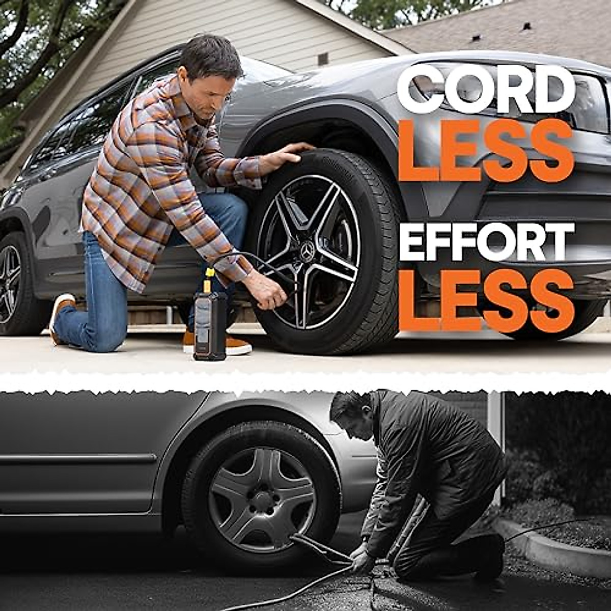 OlarHike Portable Tire Inflator - Air Compressor for Car Tires with Automatic Shutoff - 120 psi Digital Pressure Gauge and Emergency LED Light - Cordless and Compact Automotive Pump - Black and Orange