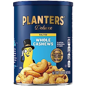 PLANTERS Deluxe Salted Whole Cashews, Party Snacks, Plant-Based Protein 18.25oz (1 Cannister)