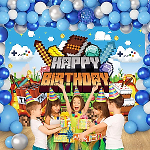 Pixel Video Game Theme Backdrop Children Boy Happy Birthday Party Decoration Banner Miner Mining Earth Block Banner Pixel Cartoon Photography Props (7x5FT(210X150cm))