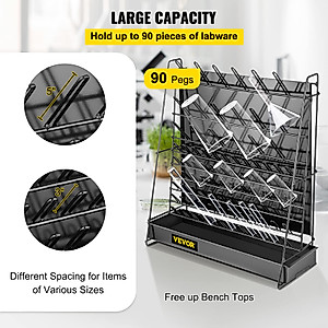VEVOR Drying Rack for Lab 90 Pegs Lab Glassware Rack Steel Wire Glassware Drying Rack Wall-Mount/Free-Standing Detachable Pegs Lab Glass Drying Rack Black Cleaning Frame for School Laboratory Utensils