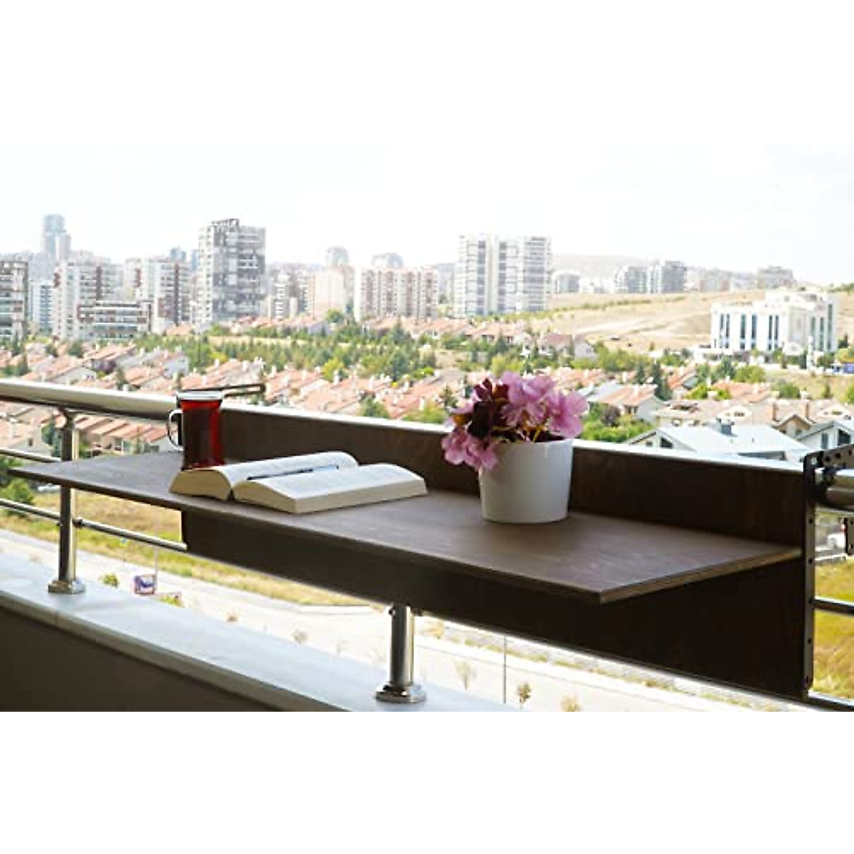 Balcony Bar Table for Railings, Outdoor Folding Deck Rail Table for Patio, Balcony Hanging Desk for Many Railings Compatible, Wooden Bar Serving Table for Porch (Walnut, XS: 21 x 11.8 Inches)