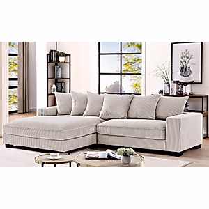 Container Furniture Direct Luxe Oversized Two-Piece Sectional Couches for Living Room, 102.4-Inch L Shaped Sofa with Chaise, Upholstered with Corduroy Fabric, Ivory - Left Facing
