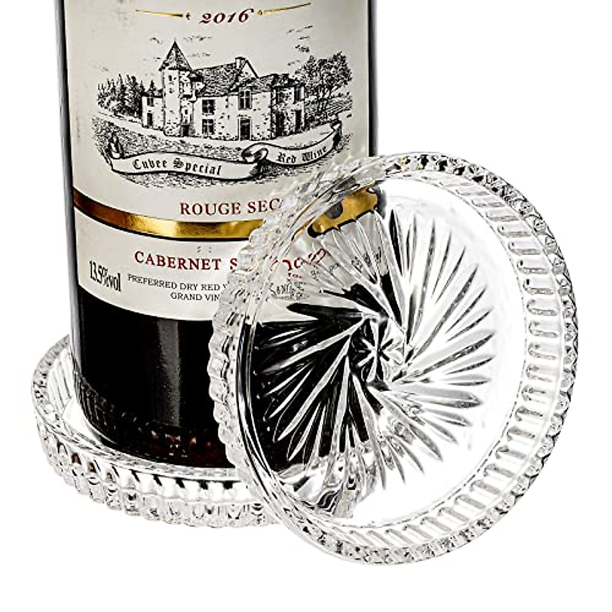 AVLA 8 Pack Crystal Drink Coasters, Glass Round Cup Mat, Clear Decorative Wine Bottle Coasters Barware Set for Table Protection of Home Kitchen, Dining Room, Patio, Coffee Shop, 3.75", Carved Design