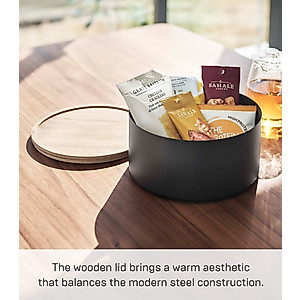 Yamazaki Home Rin Round Storage Case, Snacks, Toy, Or Craft Supplies Holder, Sewing Box Organizer, Wooden Lid Tray - Tall - Steel + Wood