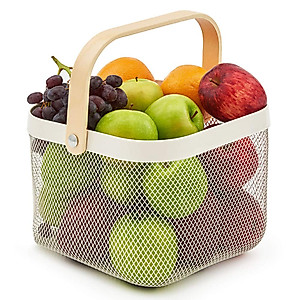 EZOWare Set of 3 Metal Mesh Steel Baskets with Wood Handle, Fruit Vegetable Wire Storage Organizer Bins for Kitchen Bathroom Pantry Organization, Garden, Picnic - White