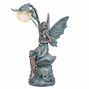 TERESA'S COLLECTIONS Garden Statues Fairy Sculptures & Statues, Solar Garden Figurines Outdoors Decor, Patina Bronze Garden Art for Yard Decor 13.8 Inch