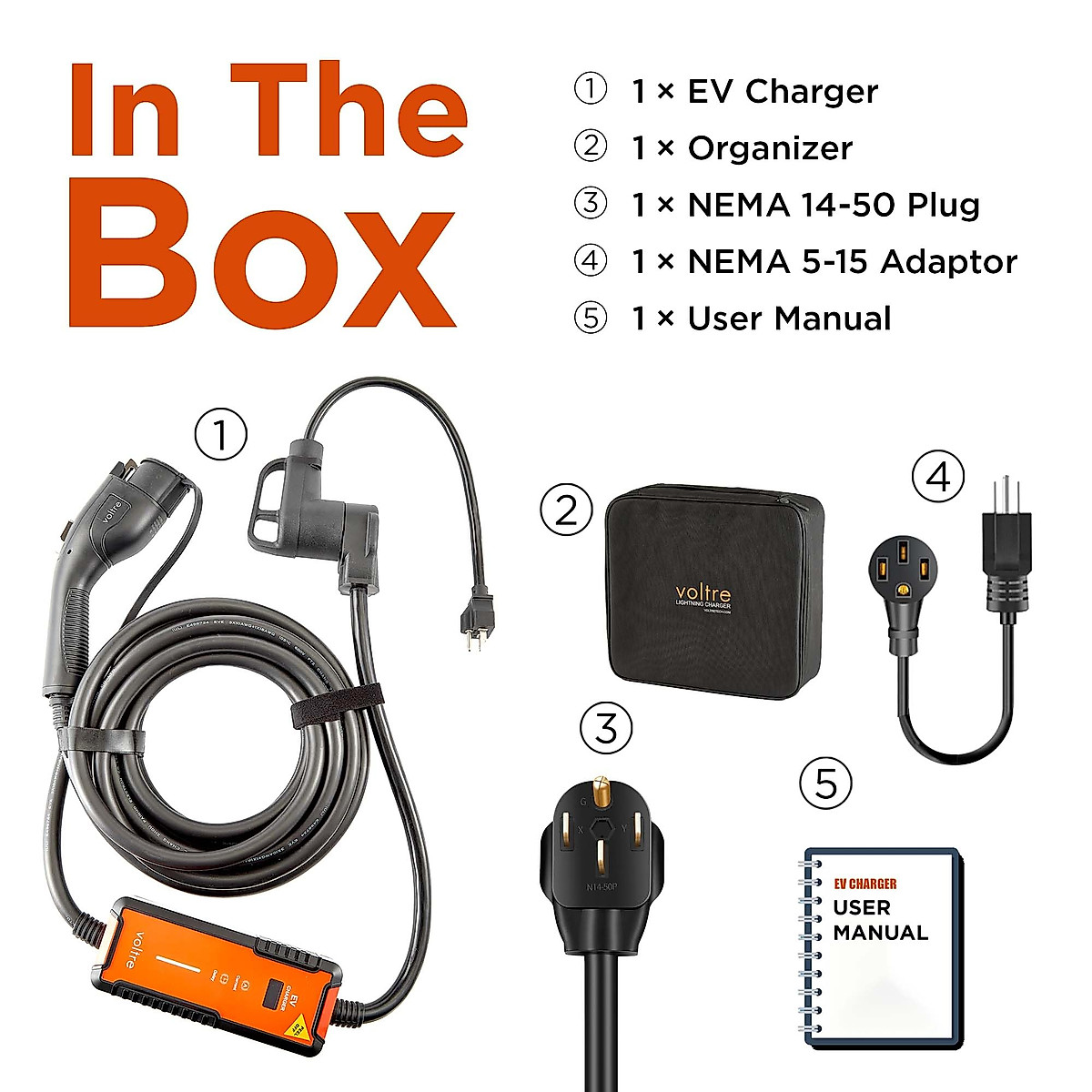 Voltre M2 Level 1 & 2 EV Charger for Tesla & EVs | 25 Ft MAX Cable | 10-32A | 110-240V Portable Electric Car Fast Charger |14-50, 5-15 Plug | Electric Vehicle Charger for J1772 Evs