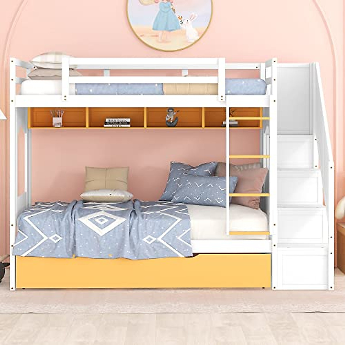 HomSof Twin Over Twin Bunk Bed with Trundle,Stairs,Ladders Solid Wood Bunk Bed with Storage Cabinet （White + Yellow）
