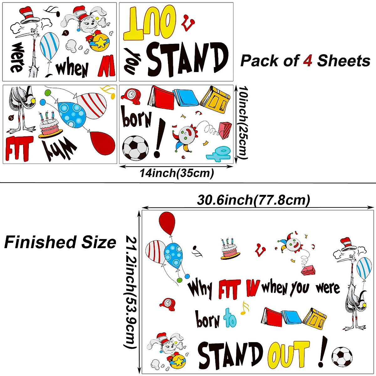 Maydahui Why Fit in When You were Born to Stand Out Wall Decal Dr Seuss Quote Wall Vinyl Sticker (21.2 x 30.6 Inch) Peel Stick Removable Kids Room Art Mural Decor for Baby Bedroom Nursery Classroom