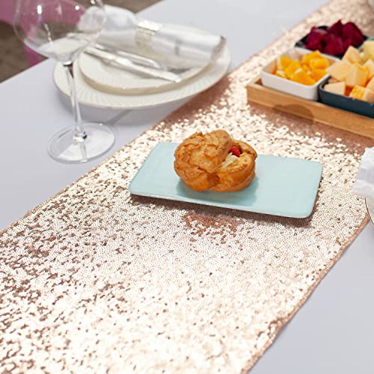 Rose Gold Glitter Sequin Table Runner 12x72 inch for Sparkling Your Party Home Table Docorations Happy Birthday Wedding Bridal Shower Baby Shower