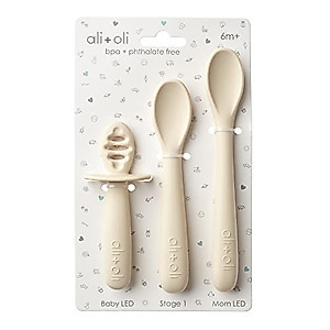 Ali+Oli (3pc) Silicone Spoon Set for Baby (Coco) Unbreakable Silicone Baby Spoon, Baby Spoons Self Feeding 6 Months & Up, Self Feeding Baby Utensils, Multi-stage Baby Feeding Spoon, Ergonomic Design