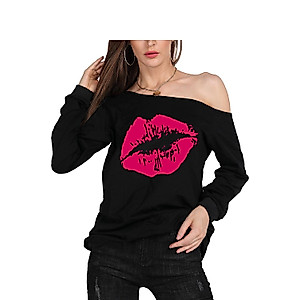 MAGICMK Woman’s Sweatershirt Lips Print Causal Blouse Off The Shoulder Long Sleeve Loose Slouchy Pullover Plus Size Tops…(XXXL)
