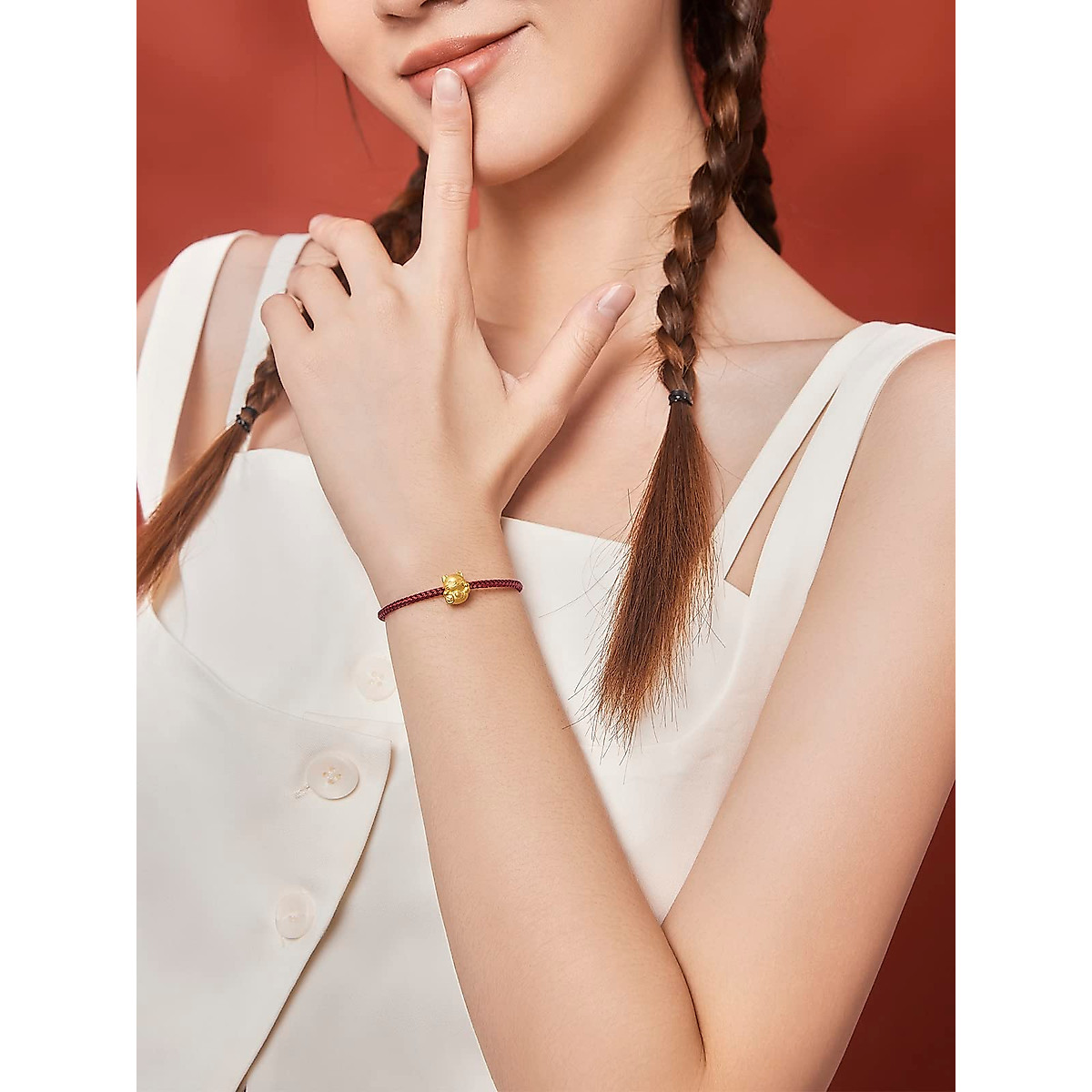 ZHOU LIU FU 24K Solid Gold Bracelet Real Gold Lucky Cat Charm Bracelet Yellow Gold Jewelry Fortune Cat Charm Bracelet for Women Red Bracelets (24K Solid Gold, 17cm /6.69 inch)