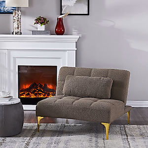 FIQHOME Convertible Sofa Bed, Adjustable Backrest & Gold Metal Legs, Futon Sleeper Couch Daybed Single Pillow, Teddy Fabric Armless Chair,Taupe
