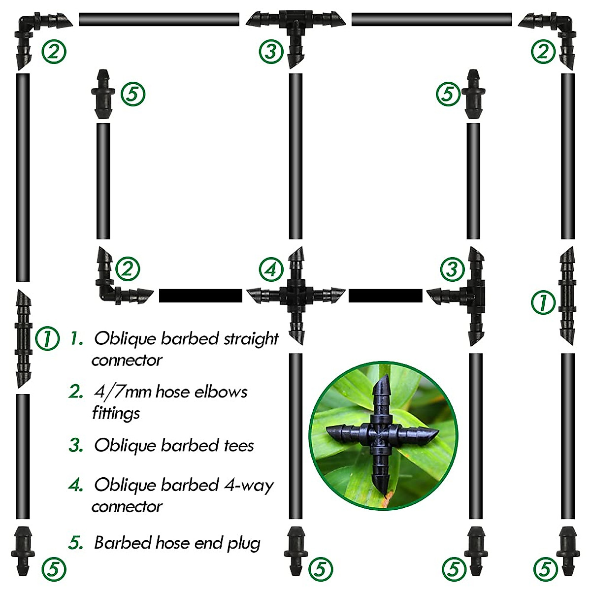 281 Pieces Irrigation Fittings Kit,Drip Irrigation Barbed Connectors for 1/4 Inch Garden Water Hose Connectors,100 Straight Barbs+40 Tees+60 Elbows+ 50 End Plug+ 30 4-Way Coupling+1Punch Tool