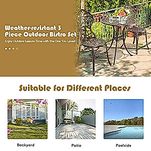 Tangkula 3 Pieces Outdoor Bistro Set, Patio Furniture Set with Rust-Resistant Cast Aluminum Frame, Outdoor Table and Chairs Furniture for Balcony Backyard Garden & Poolside