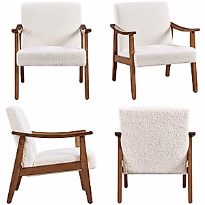 Yaheetech Fabric Accent Chair, Mid-Century Modern Armchair with Solid Wood Legs, Reading Leisure Chair with High Back for Living Room Bedroom Waiting Room,Ivory