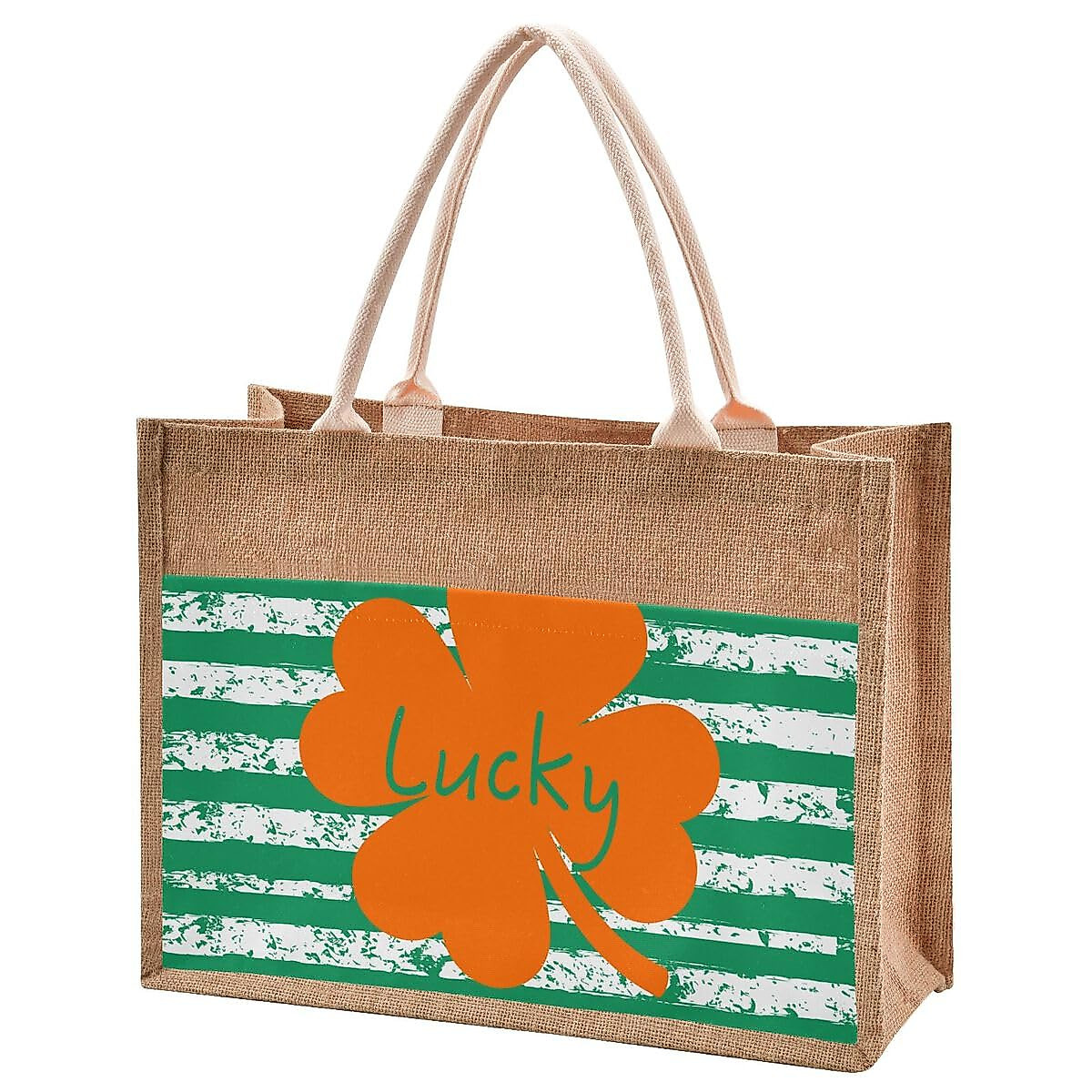 Jute Burlap Tote Luck Clover Shamrock St Patrick's Day Spring Striped Green Orange Large Beach Bag Reusable Grocery Shopping Storage Bag