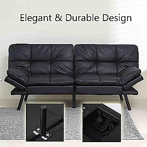 71”Convertible Futon Sofa Bed, Modern Leather Sleeper Couch with Adjustable Armrest and Backrest, Folding Upholstered Loveseat with Metal Legs, Memory Foam Living Seat for Apartment/Office, Black