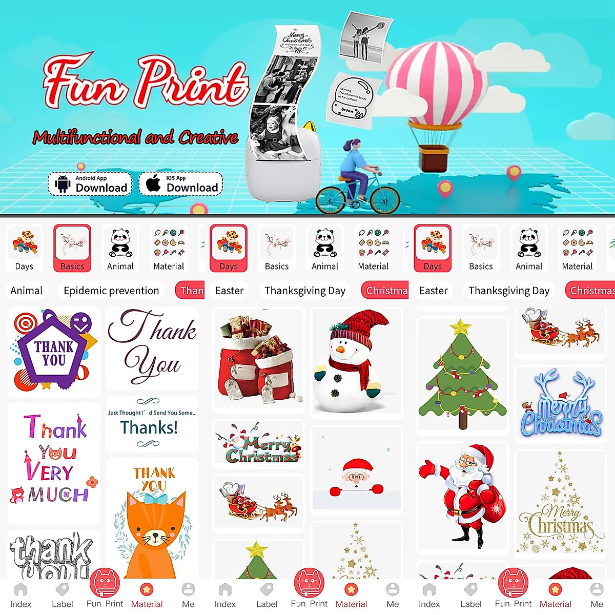 Mini Printer with 14 Rolls Paper,Mini Pocket Sticker Printer,Portable Bluetooth Inkless Printer for Journal, Memo, Photo,DIY Scrapbook,Compatible with Phone & Tablet With 7 Colors RGB Lights