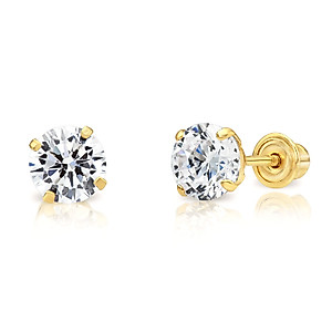 14k Yellow Gold Solitaire Cubic Zirconia Stud Earrings with Screw Backs (5mm)