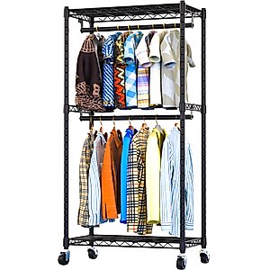 Soywey Heavy Duty Wire Garment Rack, 31.5" L x 15.6" W x 78.6" H Clothing Rack Clothes Rack for Hanging Clothes Metal Free Standing Clothes Rack Wire Metal Clothing Rack Closet（Black）