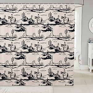 Southwest Cowboy Bath Curtain,Western Style Black Sketch Bathroom Shower Curtain for Kids Boys,Rustic Farmhouse Desert Cactus Waterproof Fabric with Hooks for Stalls, 72Wx72L inch