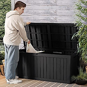 JUMMICO 150 Gallon Resin Deck Box Larage Outdoor Storage Box Waterproof UV Resistant Lockable Storage Container for Patio Furniture, Toys, Cushions, Garden Tools (Black)