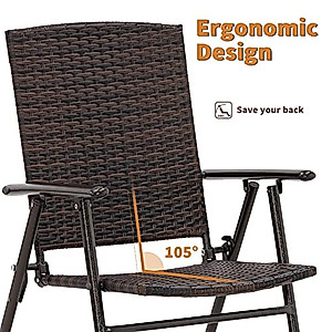 MCombo Patio Dining Set 5 Pieces, Black Outdoor Dining Table and Folding Chairs, Metal Frame Patio Wicker Furniture Set with Square Glass Table Top, for Lawn, Deck, Garden