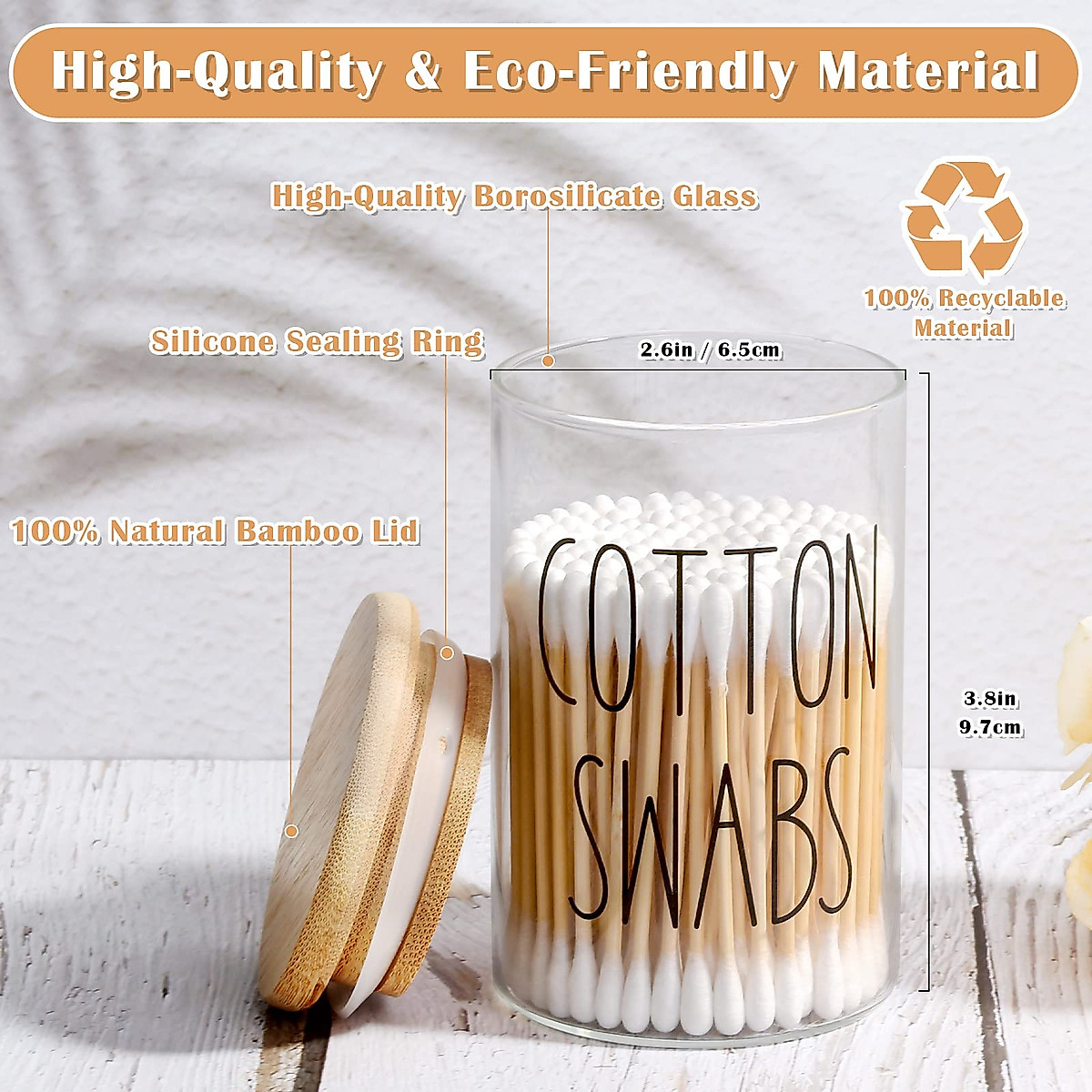 4 Pack Qtip Holder with Lid Set, 10oz Clear Glass Canister Apothecary Jars Bathroom Organizers and Storage Accessories Vanity Essential Containers for Cotton Swab, Cotton Ball, Cotton Pads, Floss Pick