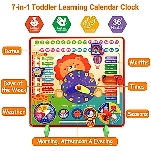 Wooden Montessori Toddler Learning Clock, Telling Time Teaching Clock & Time Calendar Cognitive Board, Preschool Learning Educational Toys for 3+ Years Old Boys and Girls