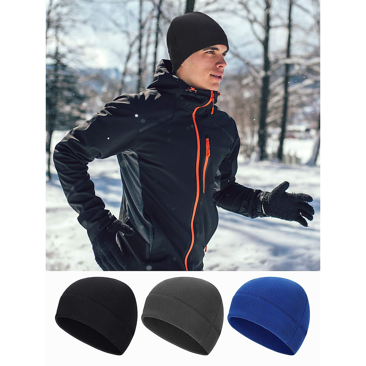 3 Pieces Winter Warm Skull Cap Soft Polar Fleece Beanie Hat Thick Windproof Watch Cap Skiing Outdoor Cap for Men Women (Royal Blue, Black, Gray, Plus Size)