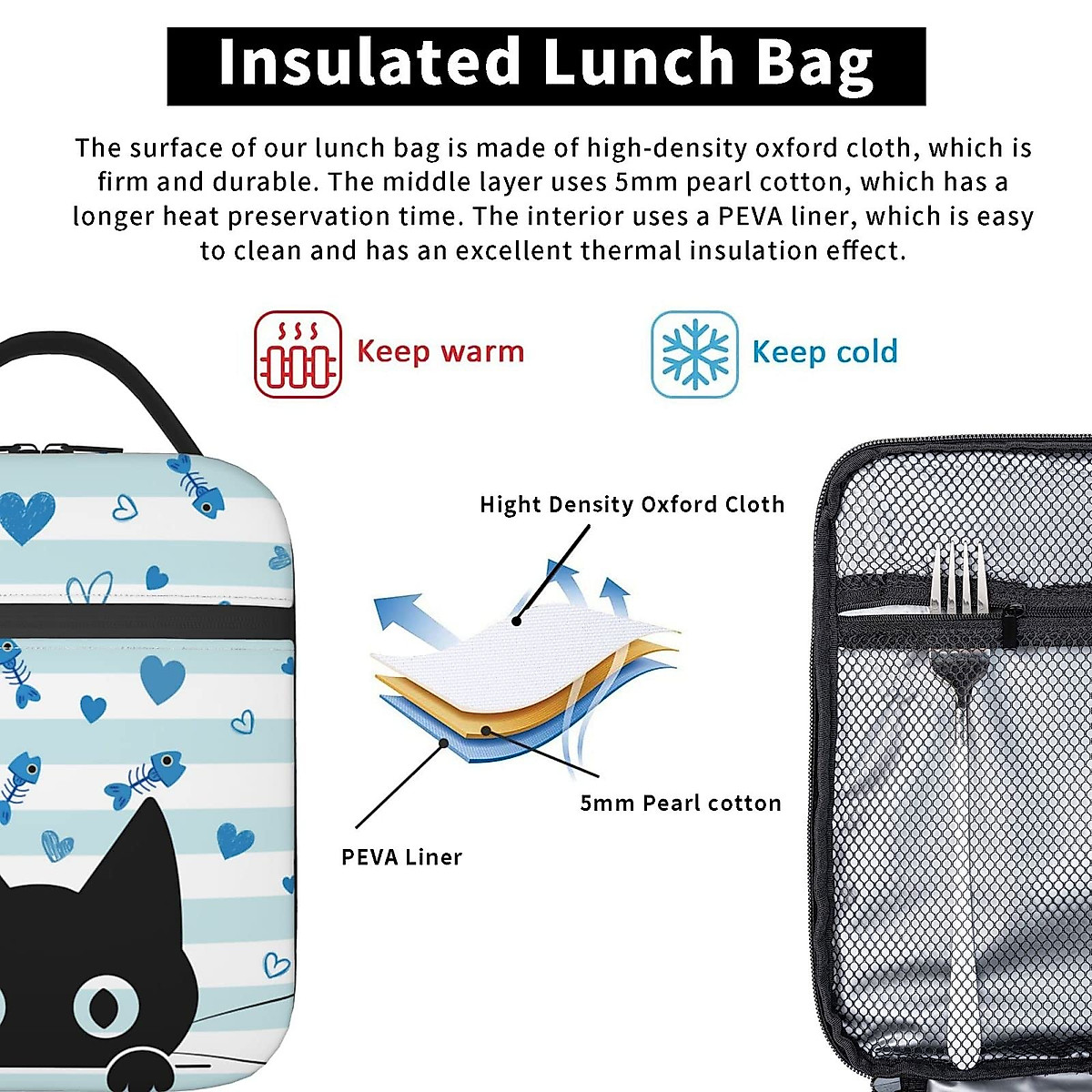 famliihw Black Cat Lunch Box Reusable Insulated Lunch Bag Thermal Cooler Tote For Boys Girls Teen School Men Women Picnic Travel Hiking