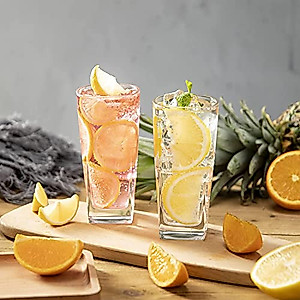 Everyday Drinking Glasses Set of 4 Drinkware Kitchen Collins Glasses for Cocktail, Iced Coffee, Beer, Ice Tea, Wine, Whiskey, Water, 4 Tall Glass Cups, Square Glassware Sets.