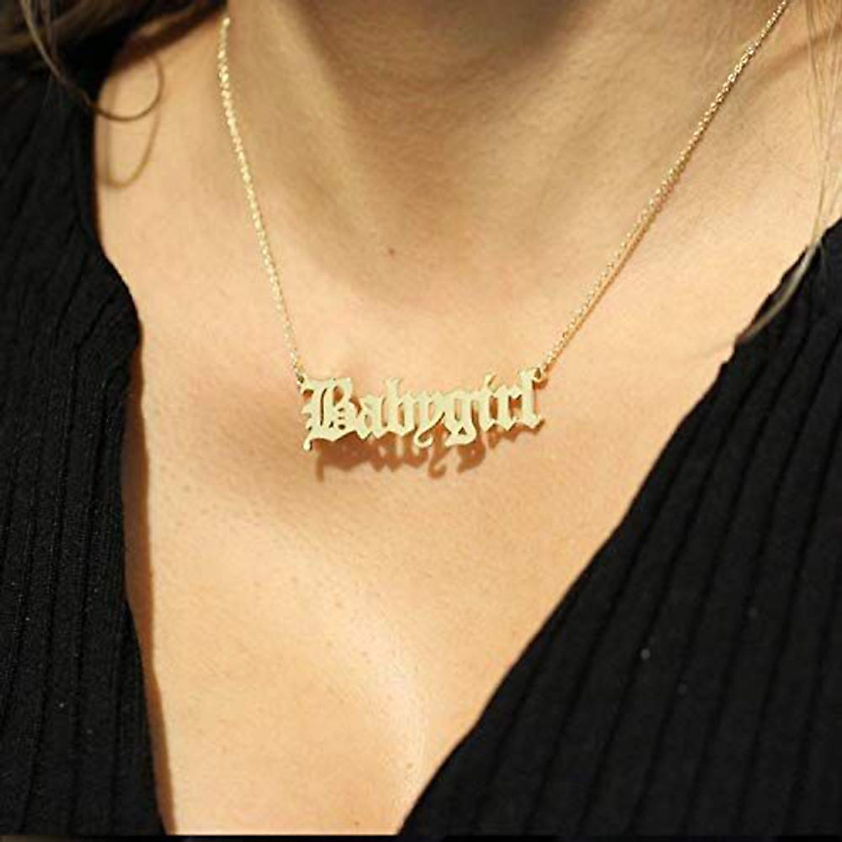 Vintashion Gold Plated Stainless Steel Gothic Hollow Out Babygirl Pendant Necklace for Girls and Women Gift
