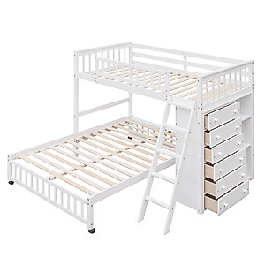 Harper & Bright Designs Twin Over Full Bunk Beds with Six Drawers and Flexible Shelves,Wooden Bunk Beds with Storage and Removable Bottom Bed for Kids Girls Boys,No Box Spring Needed (White)