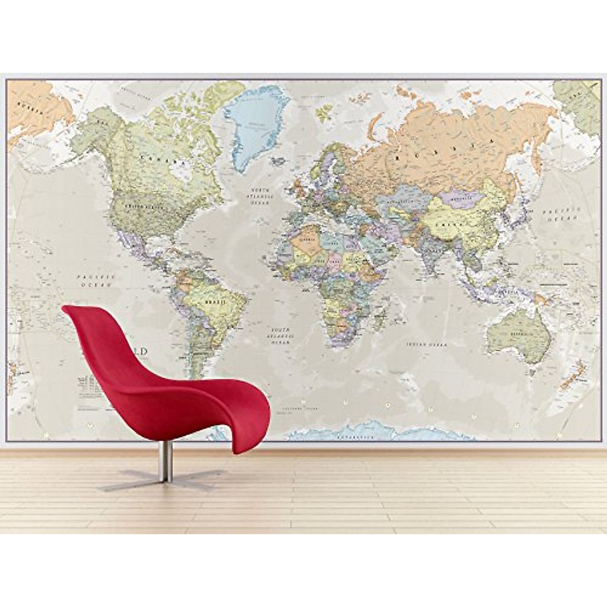 Maps International - Giant World Map Mural - Mega-Map Of The World Wallpaper - 91 x 62 - Classic colours