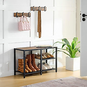 Gewudraw Coat Shoe Rack Bench Entryway - 3 in 1 Entry Bench Seat with Shoe Storage with Coat Hooks Wood Benches Metal Frame Small Shoes Shelf Organizer for Hallway Mudroom Bedroom