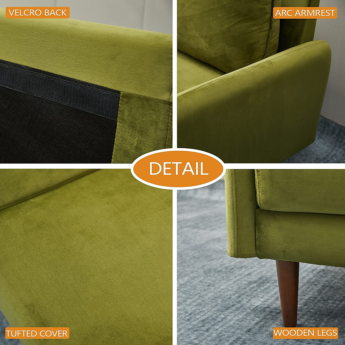 INSTORY Velvet Loveseat Mid-Century Modern Sofa Tufted Couch with Wooden Legs for Living Room - Army Green