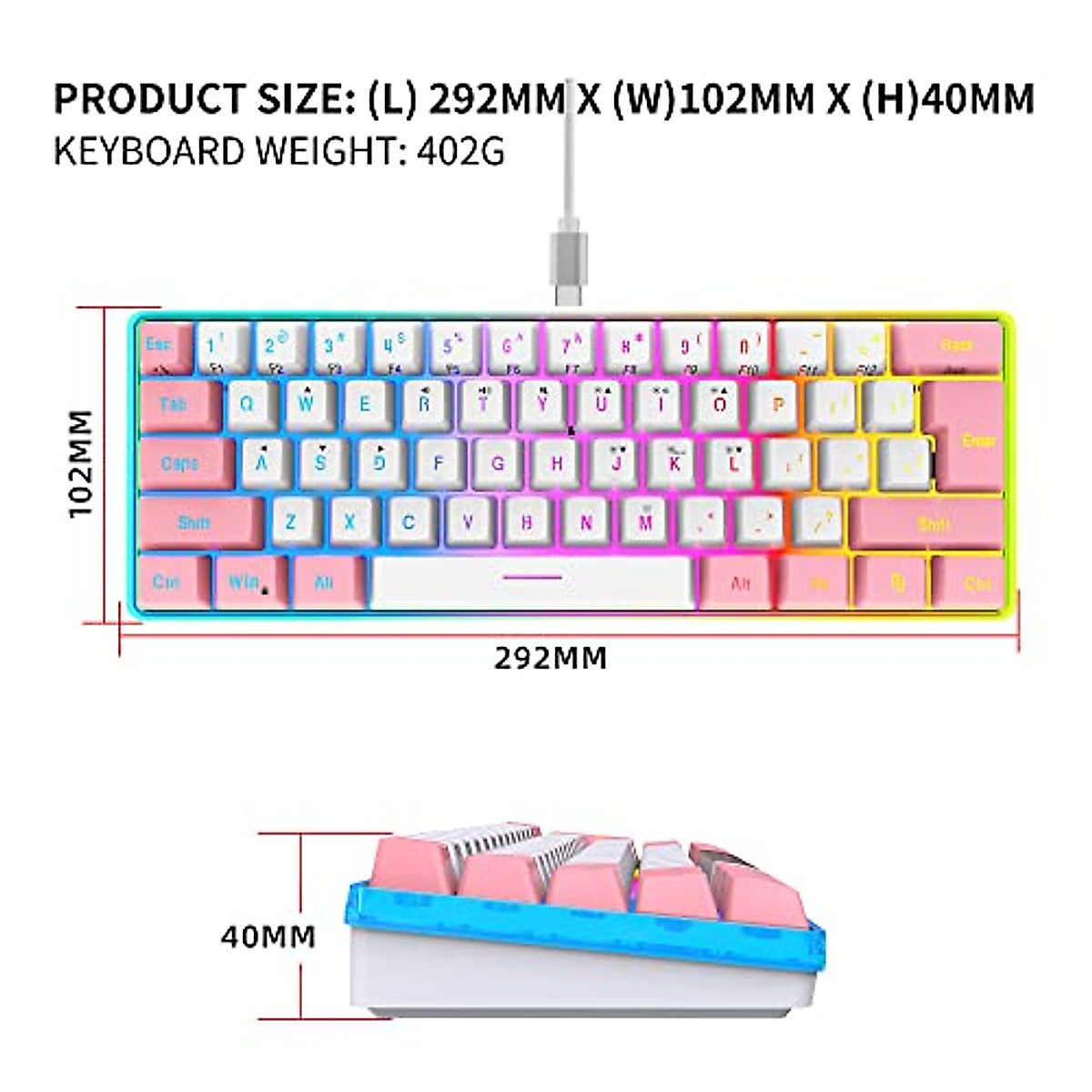 Snpurdiri 60% Wired Gaming Keyboard, True RGB Backlit Ultra-Compact Mini 61 Keys Keyboard for PC/Mac Gamer, Typist, Travel, Easy to Carry on Business Trip(Pink-White)
