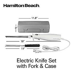 Hamilton Beach Electric Knife for Carving Meats, Poultry, Bread, Crafting Foam & More, with Reciprocating Serrated Stainless Steel Blades, Ergonomic Design, Storage Case & Fork Included, White