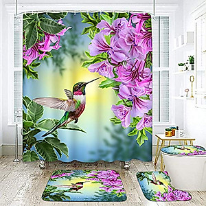Britimes 4 Piece Shower Curtain Sets, Hummingbird with Non-Slip Rugs, Toilet Lid Cover and Bath Mat, Durable and Waterproof, for Bathroom Decor Set, 72" x 72"