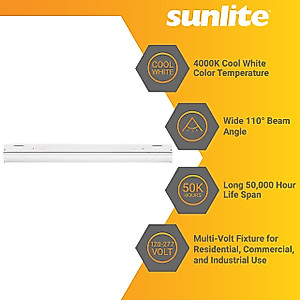 Sunlite 85474 3-Foot LED Linear Strip Light Fixture, 20 Watts, 120-277 Volts, Dimmable, 50,000 Hour Life Span, 3500K Neutral White, 82 CRI, Surface Mount, Steel Body, UL & DLC Listed