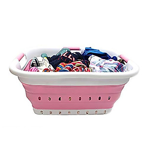 SAMMART 41L Collapsible 3 Handled Plastic Laundry Basket - Foldable Pop Up Storage Container/Organizer - Portable Washing Tub - Space Saving Hamper/Basket (3 handled rectangular, White/Pink)