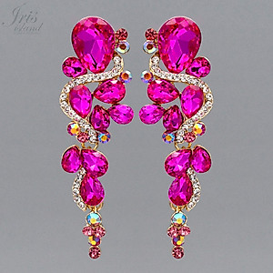 Iris Island Womens Fuchsia Pink Crystal Rhinestone drop Dangle Earrings Gold Plated For Pageant Proms Wedding Party
