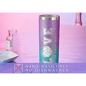 Onebttl Volleyball Gifts for Teen Girls & Team, Stainless Steel Kids Volleyball Tumbler, Double Wall Vacuum Insulated Bottle with Lid and Straw 20oz - Love at first Spike (Glitter Purple Blue)