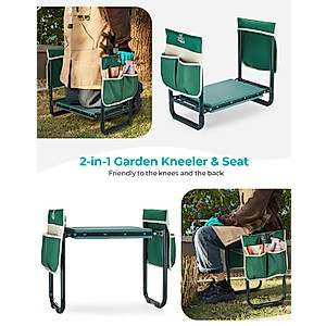 DEERFAMY Garden Stool 10.2" Width, Garden Kneeler and Seat Load Cap 350 lbs, Heavy Duty Gardening Stool with Extra Kneeling Pad, 2 Tool Pouches, Claw Gloves, Gift for Women Seniors, Green